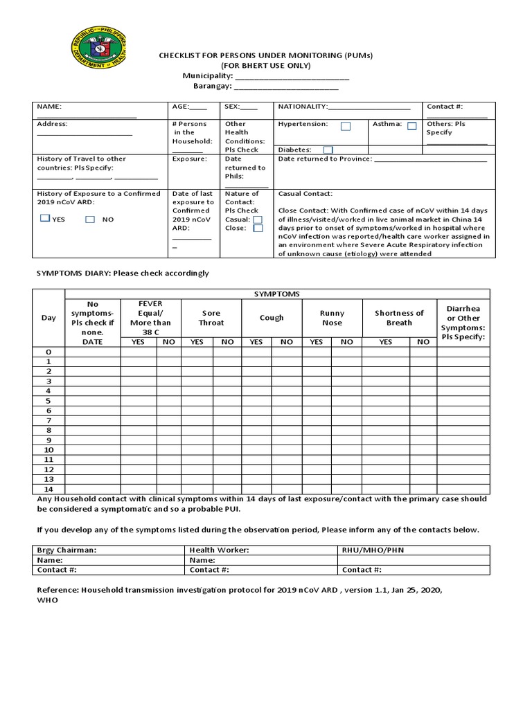 CHECKLIST FOR PERSONS UNDER MONITORING (For BHERT Use Only) Re 2019 ...