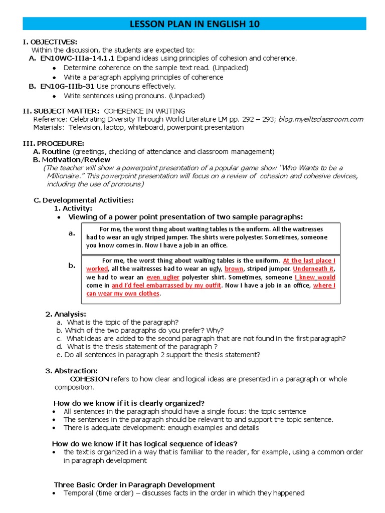 Lesson Plan on Coherence in Writing | PDF | Paragraph | Lesson Plan