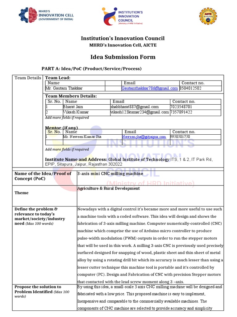 Idea Submission Form: Institution's Innovation Council | PDF ...