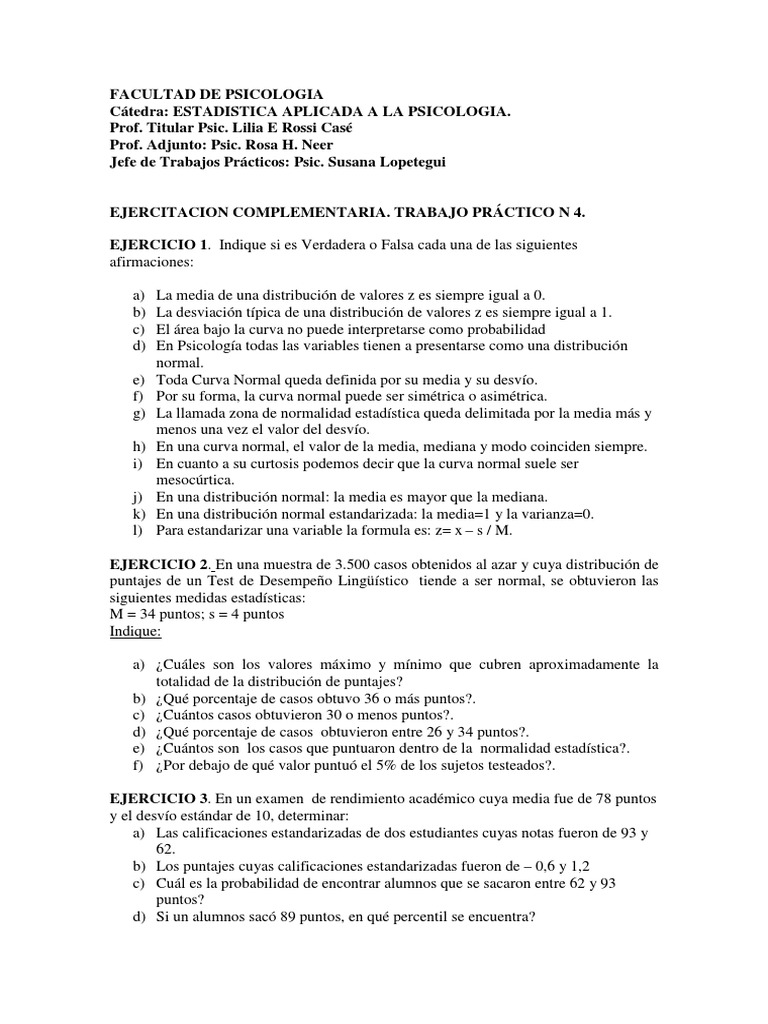 Ejercitacion Complementaria Practico 4 | PDF | Distribución normal | Desviación Estándar