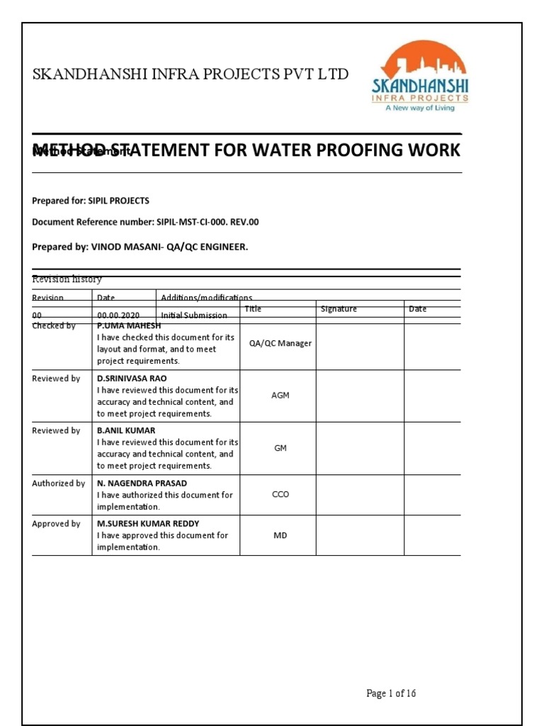 Method Statement Water Proofing Pdf Pipe Fluid Conveyance Concrete