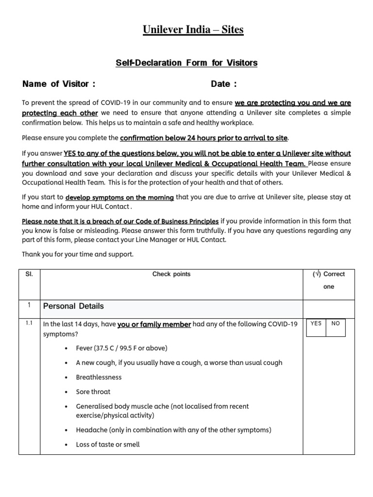 COVID-19 Visitor Self-Declaration Form | PDF | Chronic Condition | Cancer