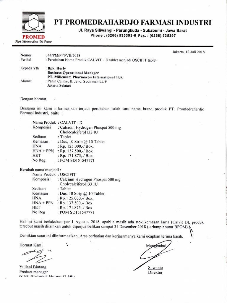 Perubahan Nama Produk Calvit - D Tablet Menjadi OSCIFIT (MPI) | PDF