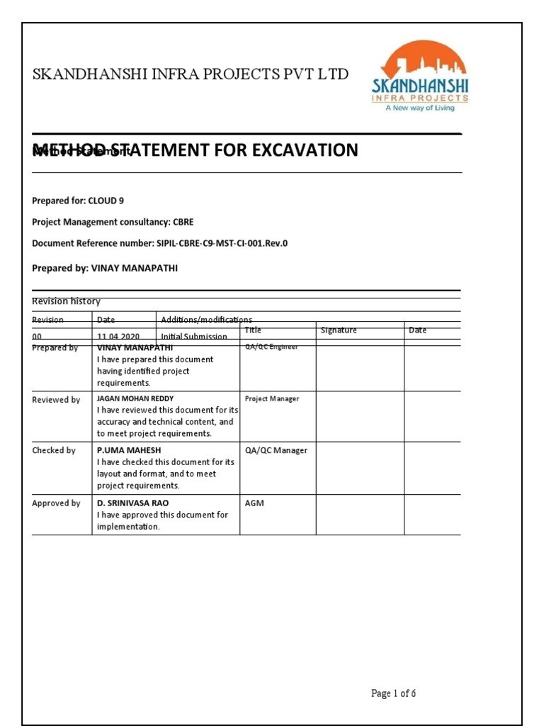 Method Statement for Excavation Works at the SKANDHANSHI CLOUD 9 ...