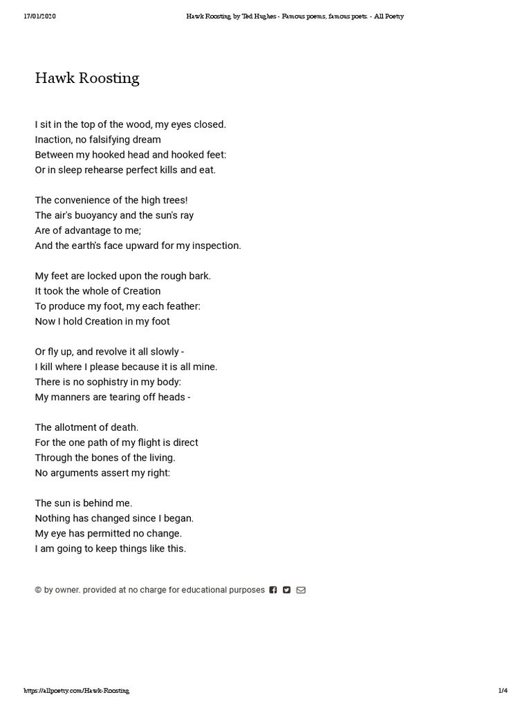 Hawk Roosting by Ted Hughes - Famous Poems, Famous Poets. - All Poetry ...