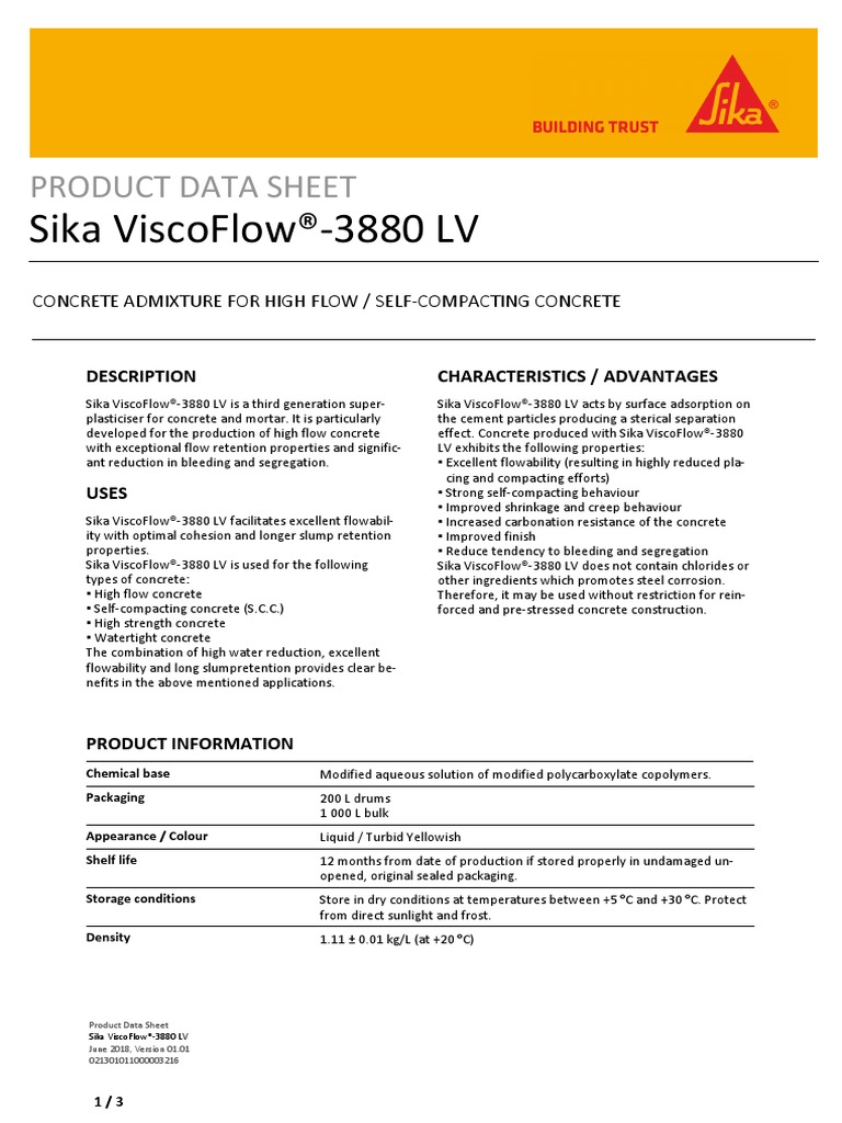 Sika Viscoflow®-3880 LV: Product Data Sheet | PDF | Concrete | Materials