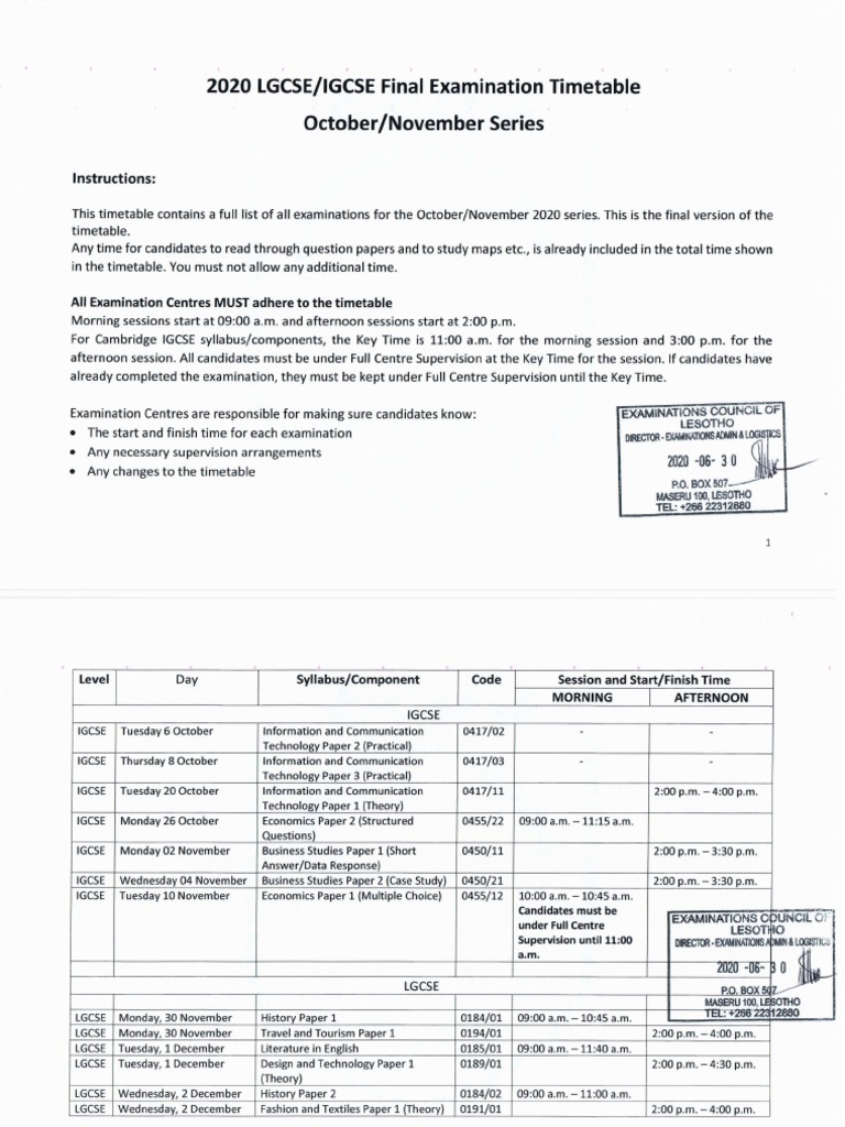 2020 Lgcse - Igcse November Final Timetable PDF | PDF