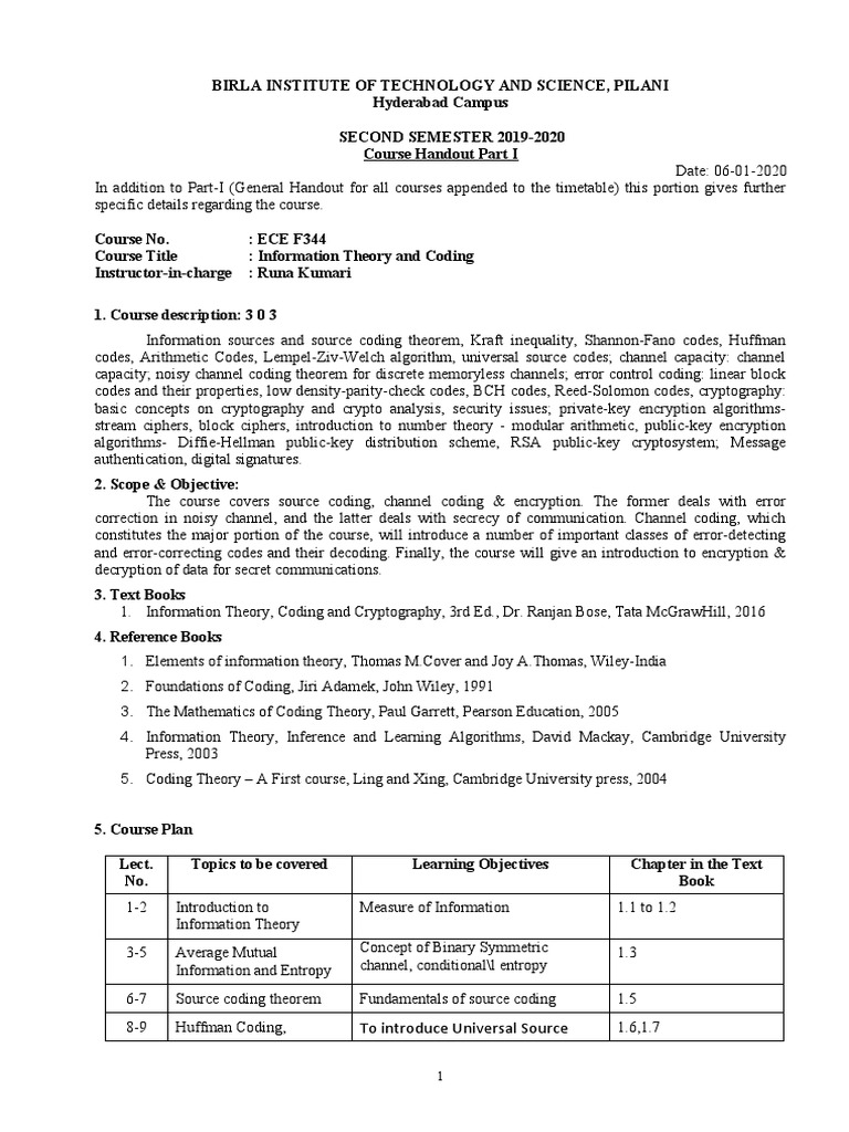 Ece F344 Information Theory Coding Handout Pdf Cryptography Code