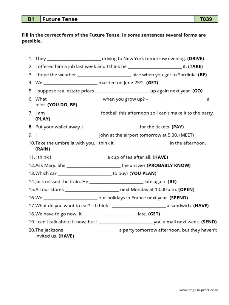 B1 Future Tense T039: Fill in The Correct Form of The Future Tense. in ...