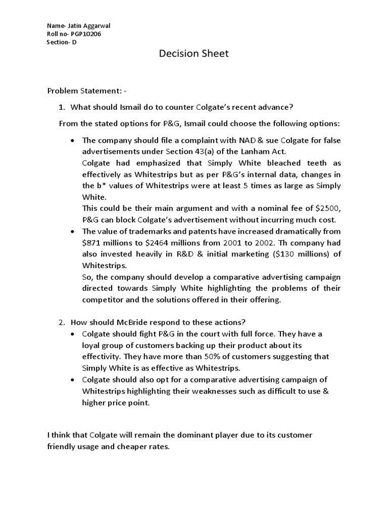 Decision Sheet: Name-Jatin Aggarwal Roll No - PGP10206 Section - D | PDF