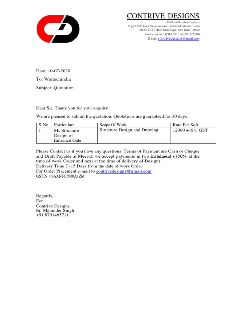 Quotation for Structural Design Services from Contrive Designs | PDF