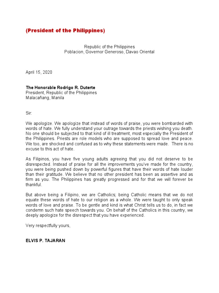 Apology Letter to the President Duterte | PDF