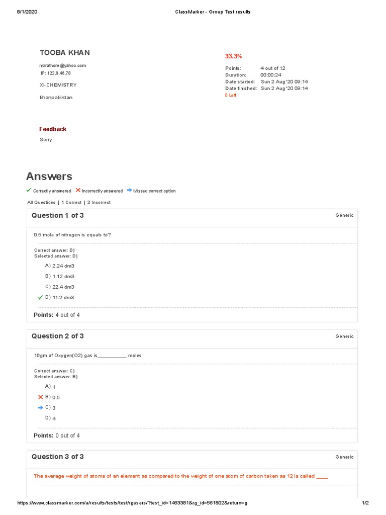 ClassMarker - Group Test Resultssss | PDF | Mole (Unit) | Physics