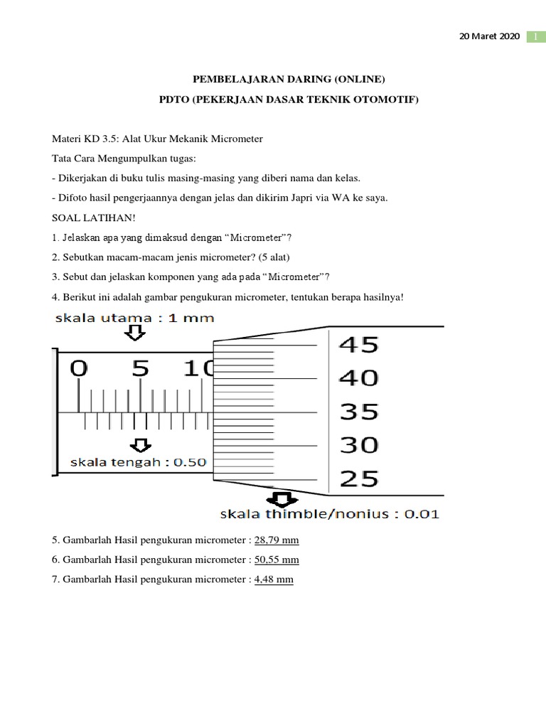 SOAL PDTO Alat Ukur Mekanik Jangka Sorong, Micrometer Kelas X | PDF ...