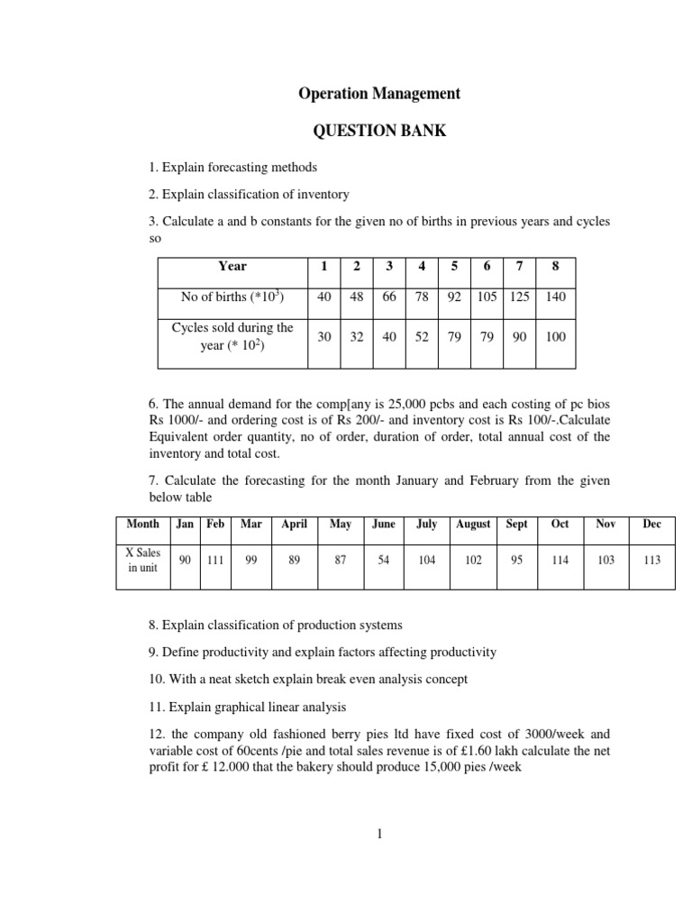 Operation Management Question Bank: Year 1 2 3 4 5 6 7 8 | PDF ...