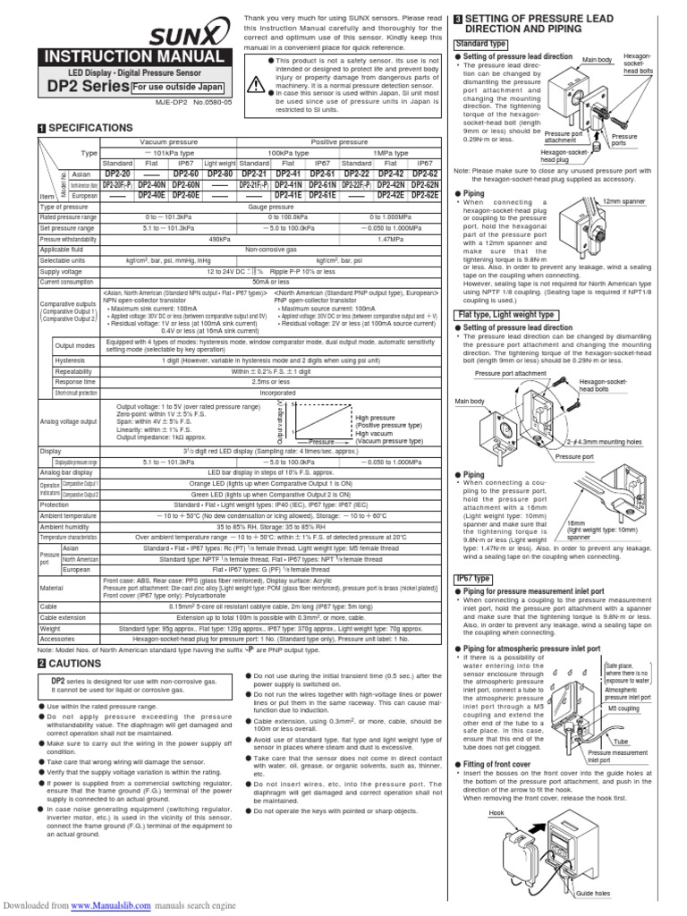Instruction Manual for SUNX DP2 Series Digital Pressure Sensors - Operating Guidelines ...