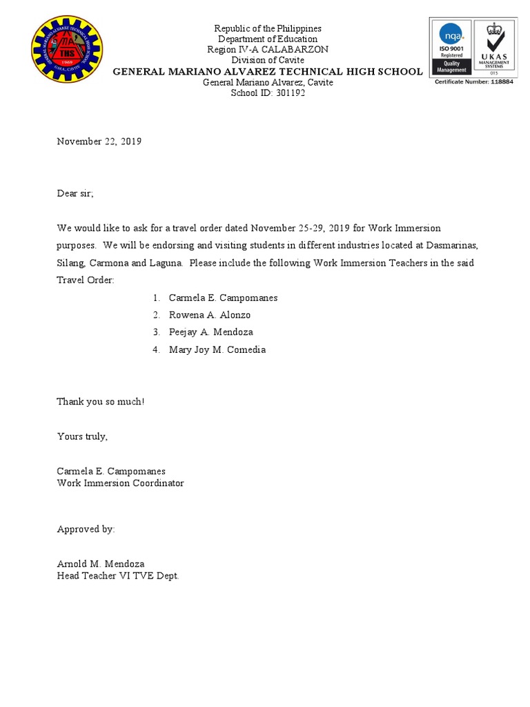 Travel Order Request Letter | PDF