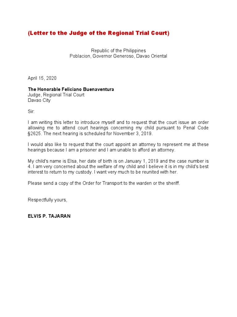 Letter To The Judge of The Regional Trial Court | PDF