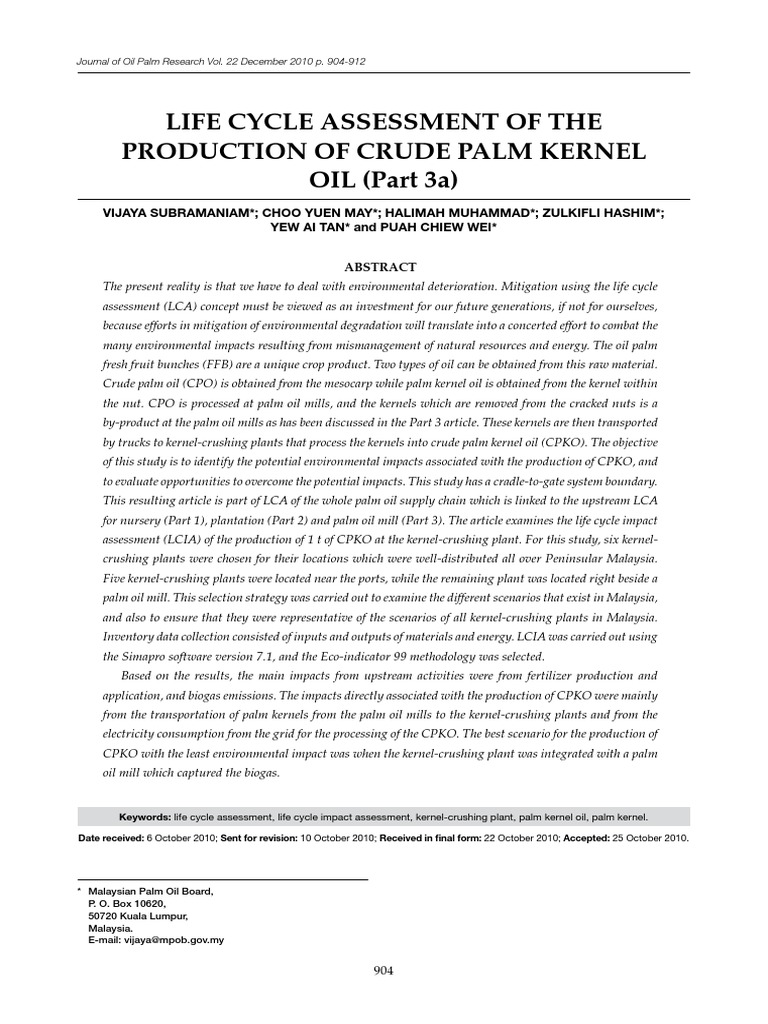 Life Cycle Assessment of The Production of Crude Palm Kernel OIL (Part ...