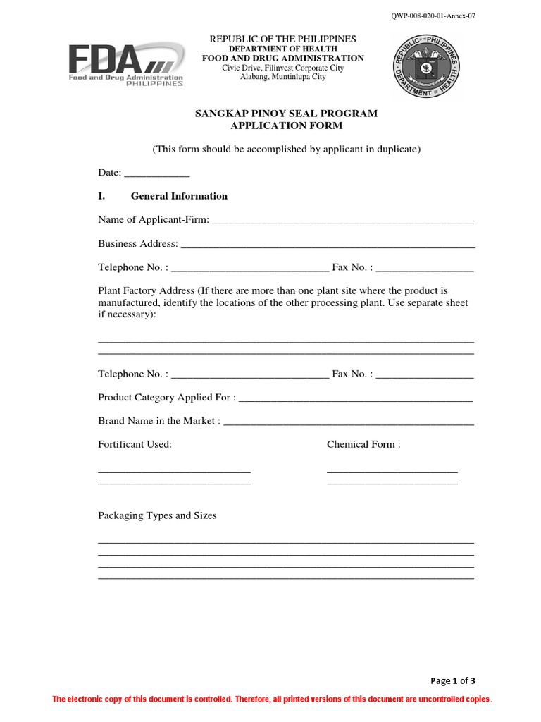 Sangkap Pinoy Seal Application Form | PDF | Vitamin | Food And Drug ...