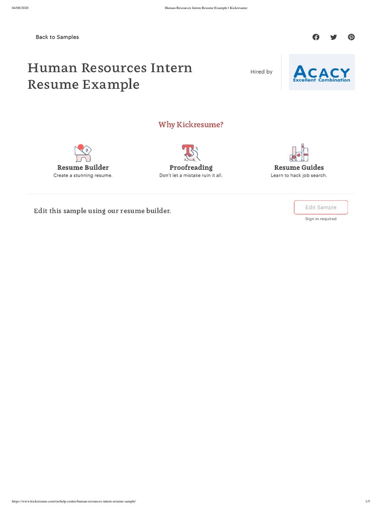 Human Resources Intern Resume Example - Kickresume | PDF | Human ...