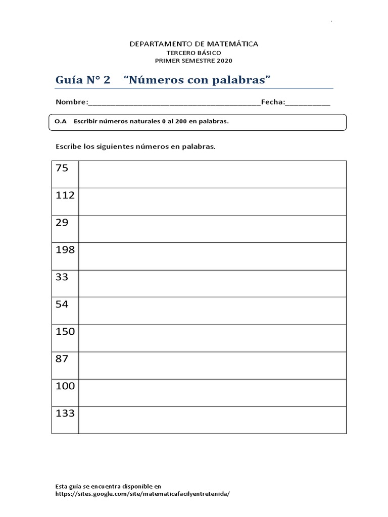 Guía #2 Números Con Palabras PDF | PDF