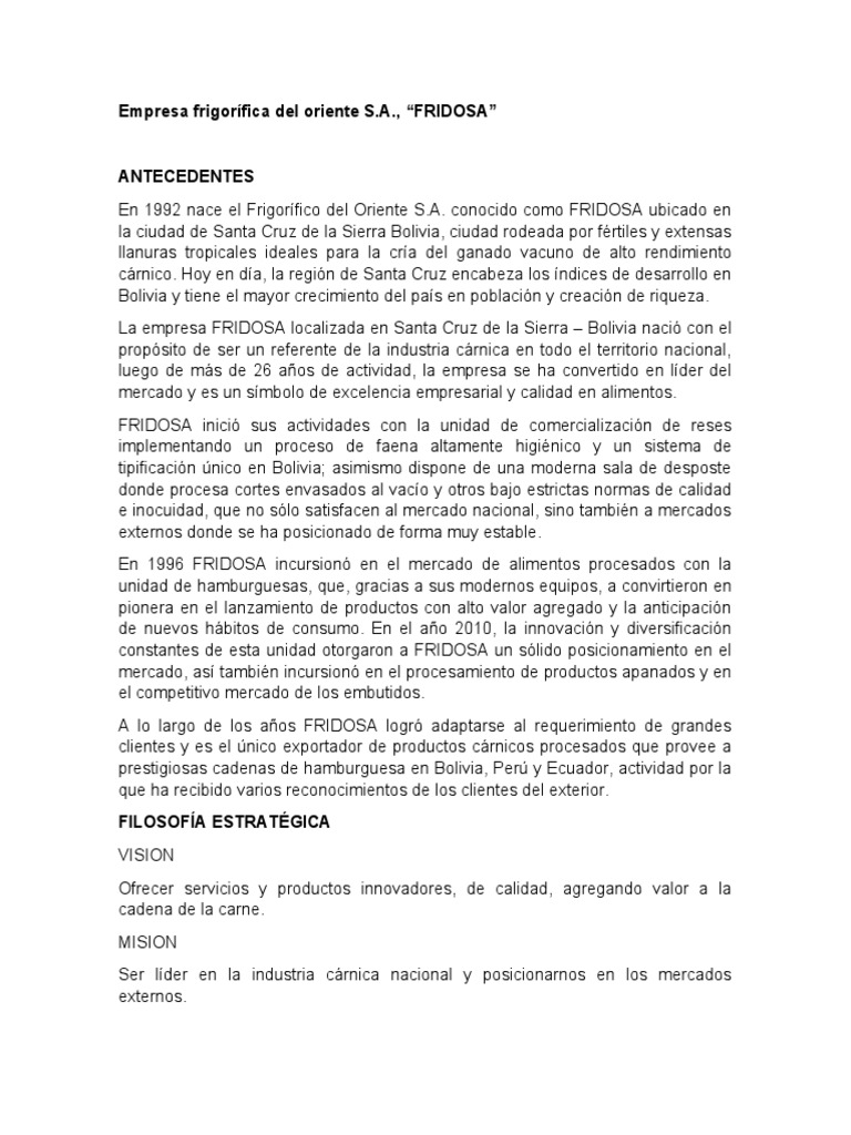 Trabajo de Investigacion Fridosa, S.A | PDF | Bolivia | Carne