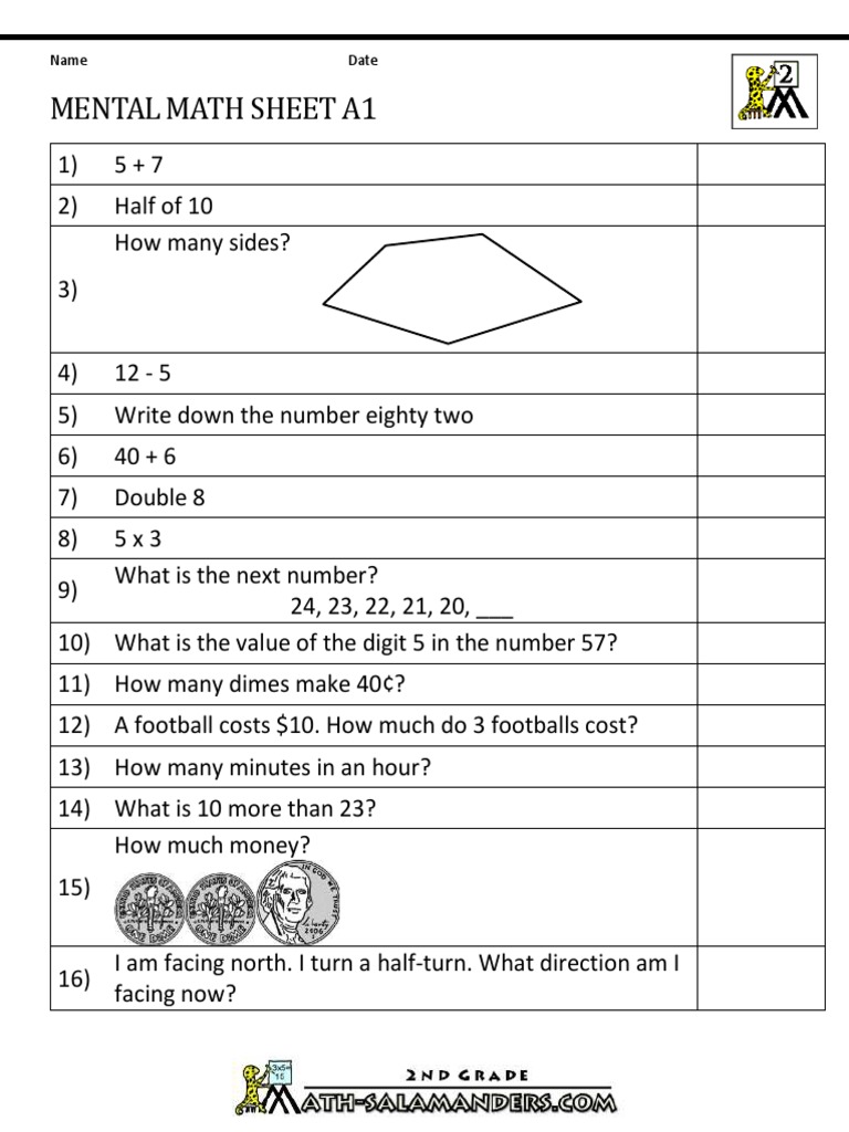 Mental Math Sheet A1: Name Date | PDF