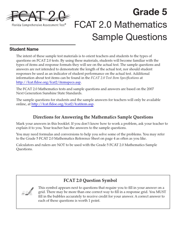 FCAT 2.0 Mathematics Sample Questions: Grade 5 | PDF | Area | Test ...