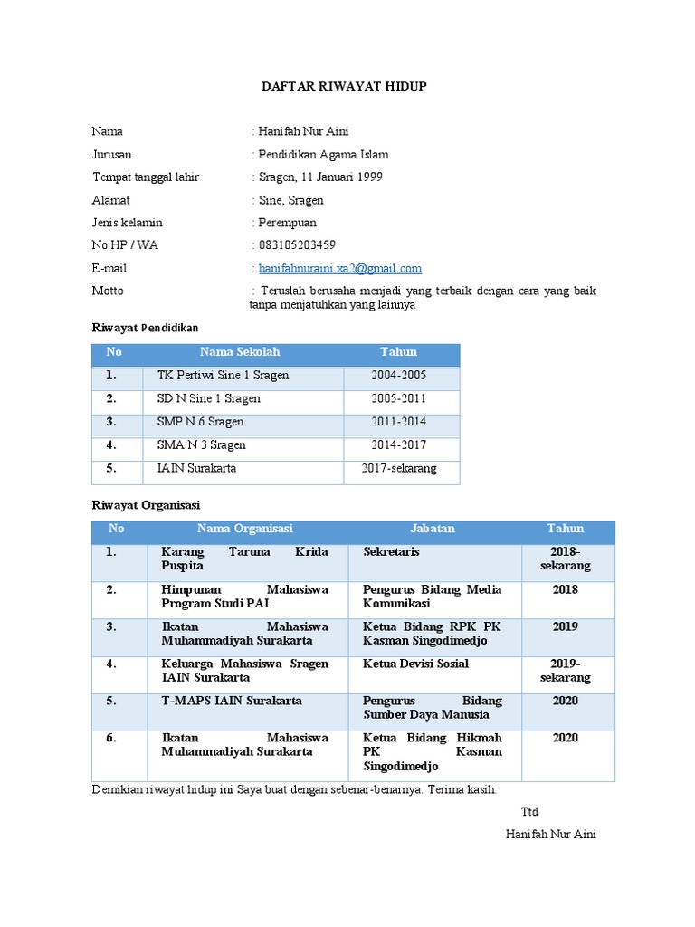 Daftar Riwayat Hidup Hanifah Nur Aini (CV) | PDF