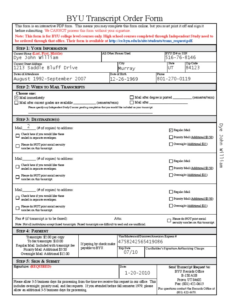 BYU Transcript Order Form: Dye John William Murray UT 84123 | PDF ...
