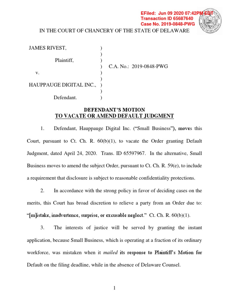 Motion to Vacate Default Judgment in Delaware | PDF | Default Judgment ...