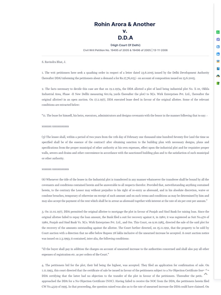 Rohin Arora & Another vs. D.D.A PDF | PDF | Lease | Deed