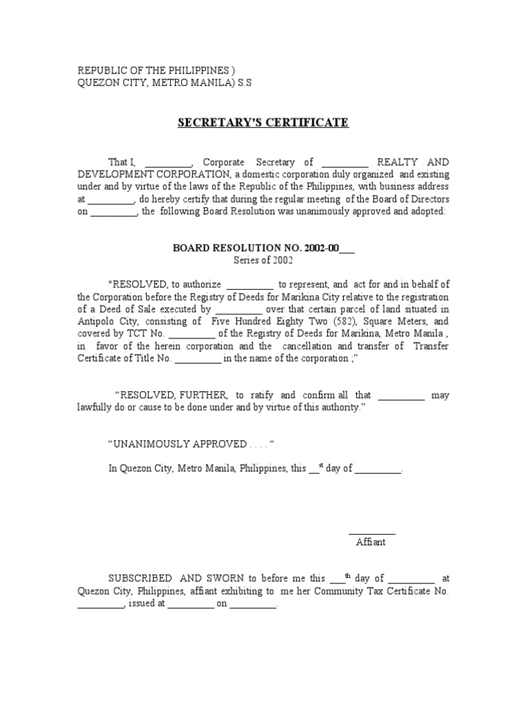 Secretary's Certificate Adoption of Board Resolution | PDF