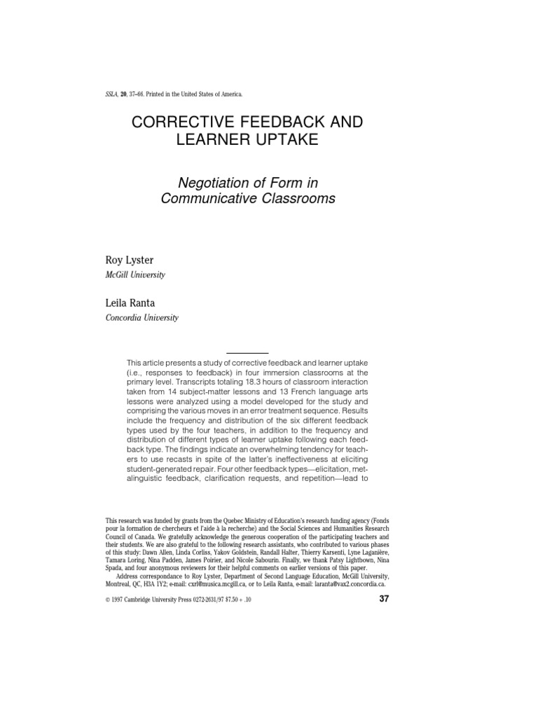 Corrective Feedback and Learner Uptake | PDF | Second Language | Second ...
