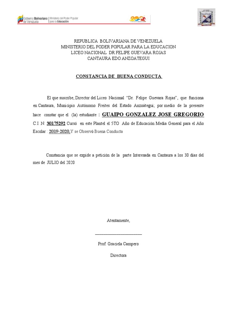 Constancia de Buena Conducta:: Guaipo Gonzalez Jose Gregorio | PDF
