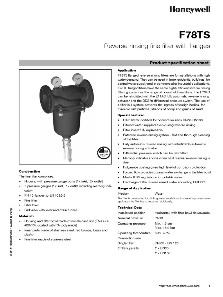 Reverse Rinsing Fine Filter With Flanges: Product Specification Sheet ...