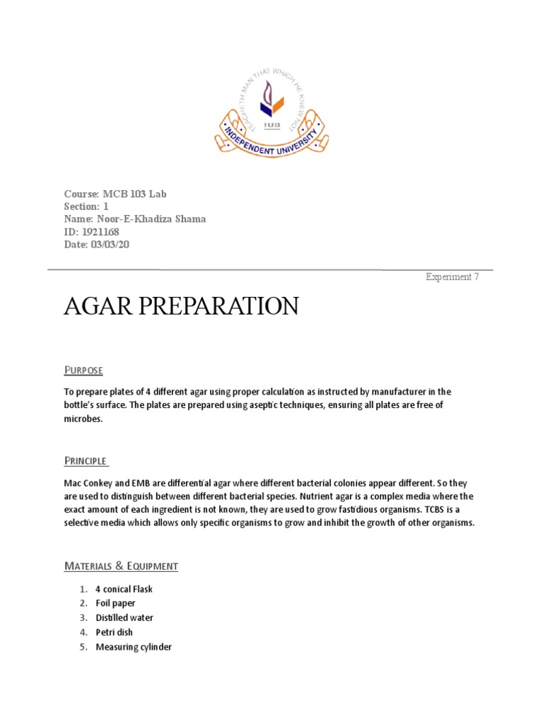 Agar Preparation: Course: MCB 103 Lab Section: 1 Name: Noor-E-Khadiza ...