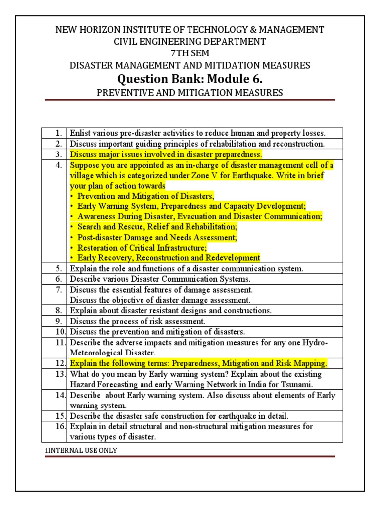DM - Question Bank Module 6 | PDF | Emergency Management | Natural ...