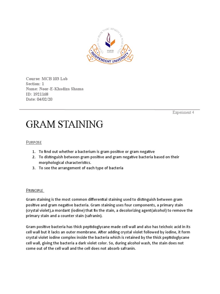 Gram Staining: Course: MCB 103 Lab Section: 1 Name: Noor-E-Khadiza ...
