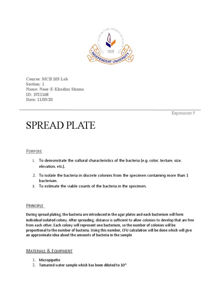 Spread Plate: Course: MCB 103 Lab Section: 1 Name: Noor-E-Khadiza Shama ...