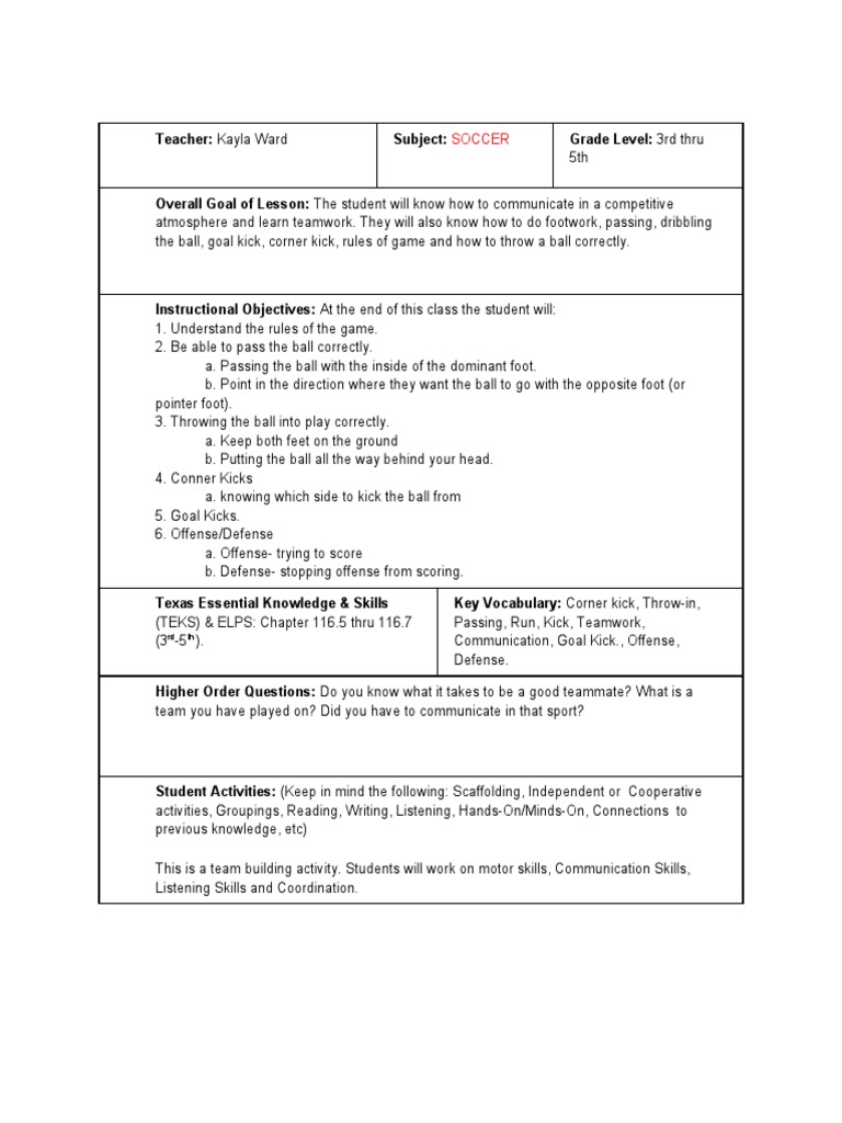 Lesson Plan - Unit 2 | PDF | Association Football | Lesson Plan