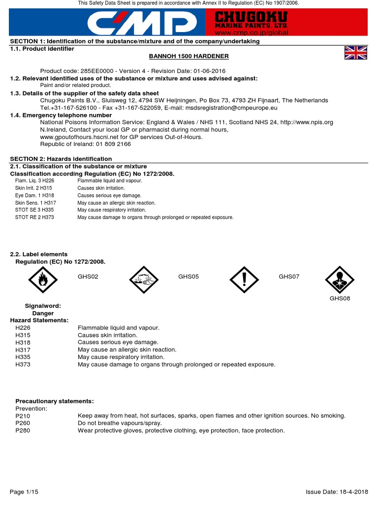 MSDS-GHS-UK-285EE0000 (BANNOH 1500 HARDENER) - v4 | PDF | Toxicity | Personal Protective Equipment
