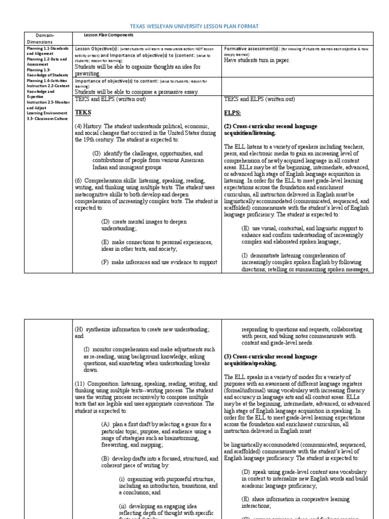 Texas Wesleyan University Lesson Plan Format: Teks Elps: (2) Cross ...