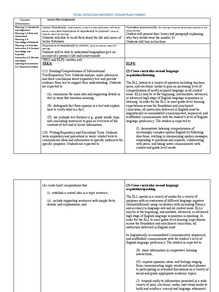 Texas Wesleyan University Lesson Plan Format: Teks: Elps: (2) Cross ...