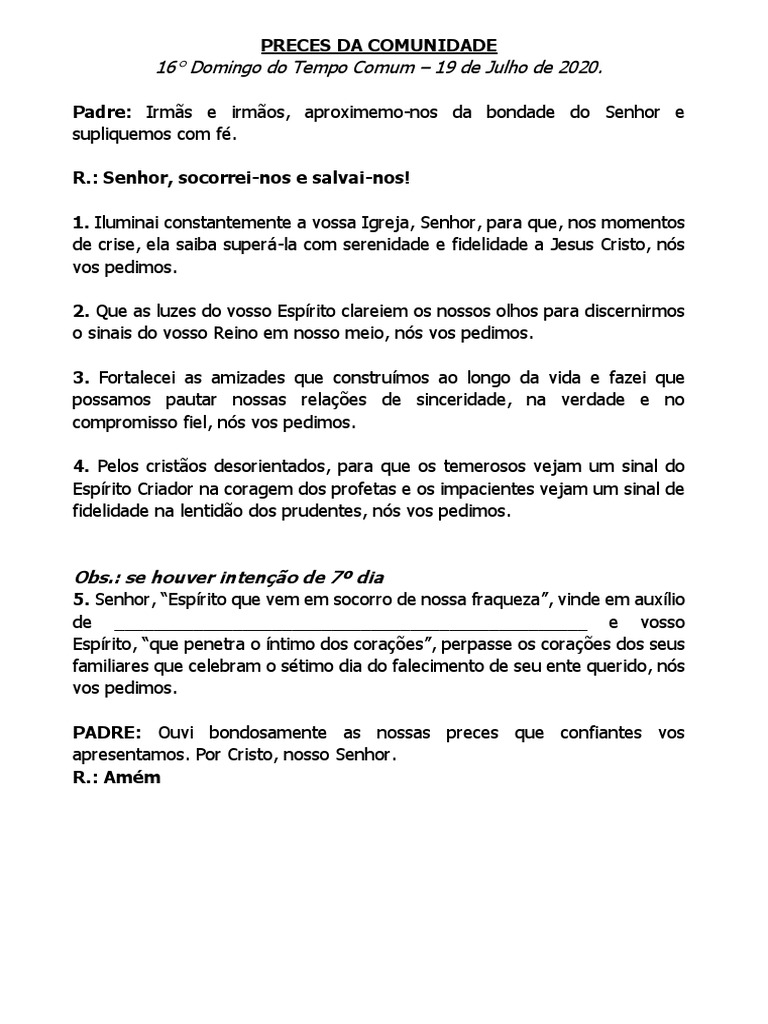 36 - Preces Da Comunidade - 16 Domingo Do Tempo Comum - 2019-2020 PDF | PDF | Gastronomia ...