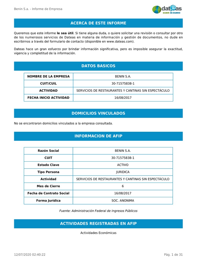 Informe de Benin S.A. - 2020 | PDF | Buenos Aires | Bancos