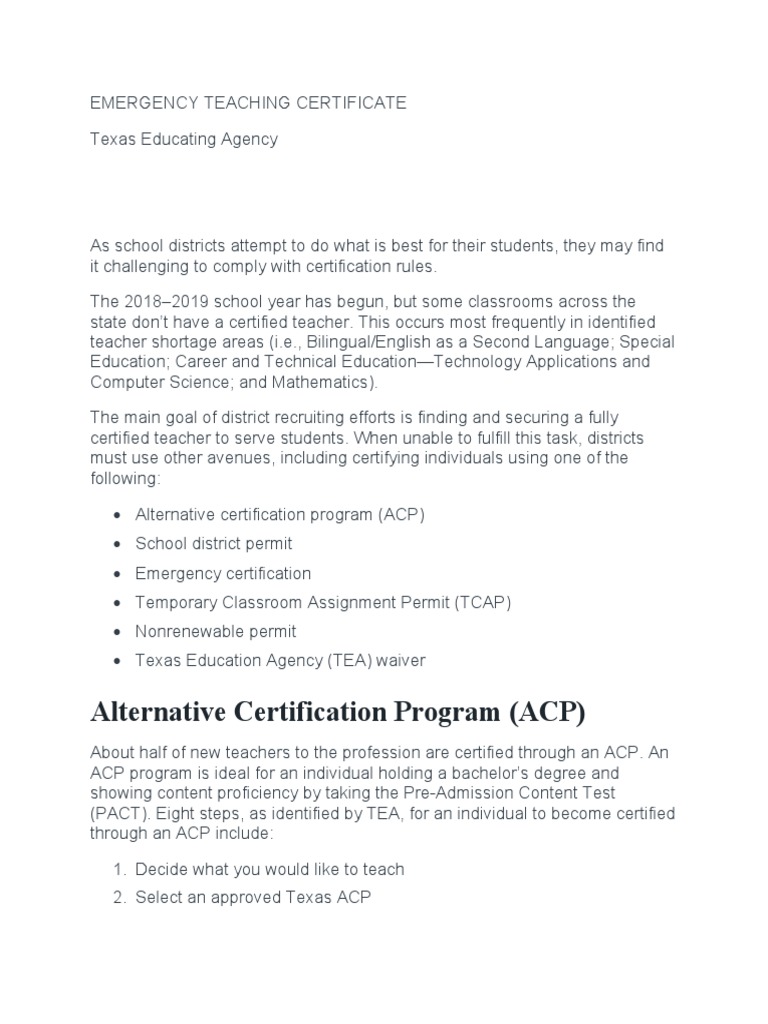 Texas Emergency Teacher Certification Guide | PDF | Professional ...