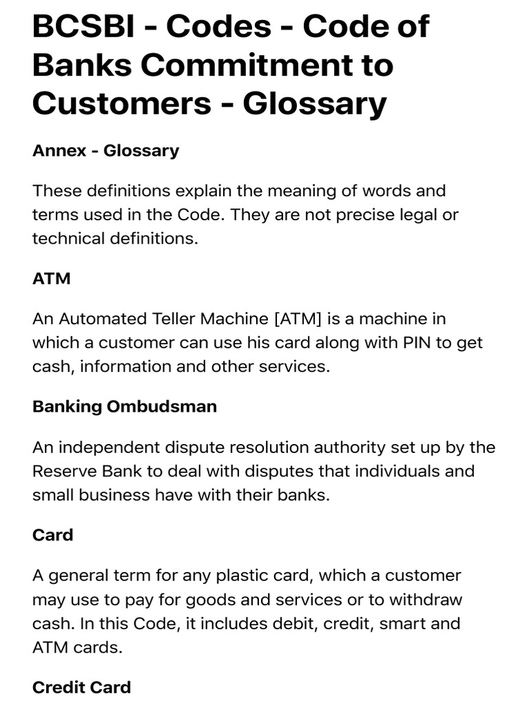 BCSBI - Codes - Code of Banks Commitment To Customers - Glossary | PDF ...
