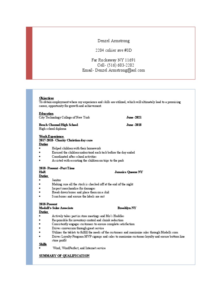 Denzel Armstrong 2204 Coliier Ave #3D Far Rockaway NY 11691 Cell - (516 ...